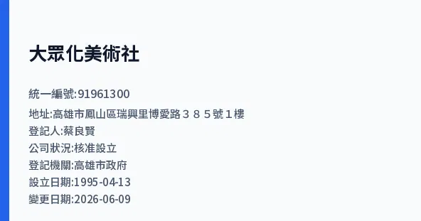 大眾化美術社的照片-統編 91961300(高雄市) 公司登記資料與營業項目詳細圖表