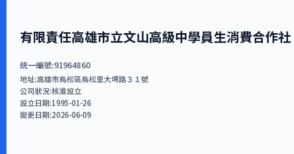 有限責任高雄市立文山高級中學員生消費合作社的照片-統編 91964860(高雄市) 公司登記資料與營業項目詳細圖表