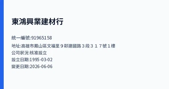 東鴻興業建材行的照片-統編 91965158(高雄市) 公司登記資料與營業項目詳細圖表