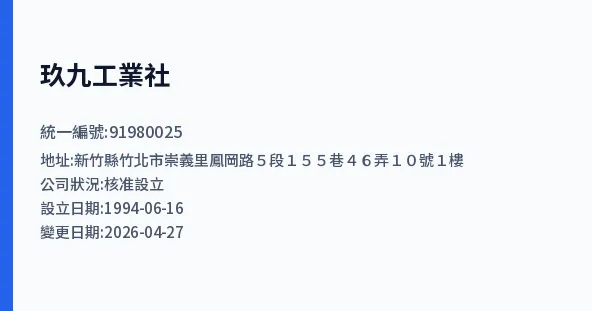 玖九工業社的照片-統編 91980025(新竹縣) 公司登記資料與營業項目詳細圖表