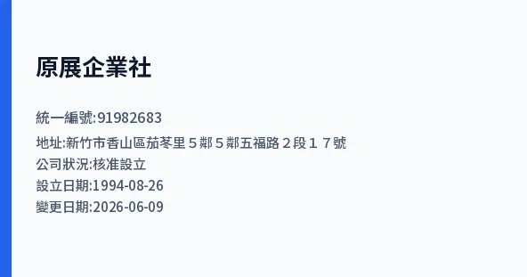 原展企業社的照片-統編 91982683(新竹市) 公司登記資料與營業項目詳細圖表