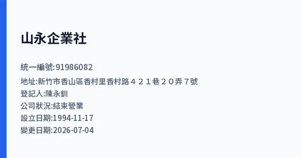 山永企業社的照片-統編 91986082(新竹市) 公司登記資料與營業項目詳細圖表