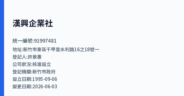 漢興企業社的照片-統編 91997481(新竹市) 公司登記資料與營業項目詳細圖表