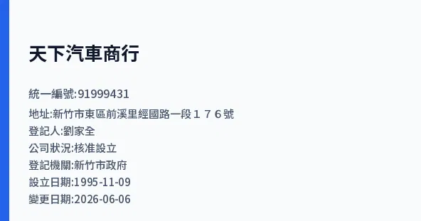 天下汽車商行的照片-統編 91999431(新竹市) 公司登記資料與營業項目詳細圖表