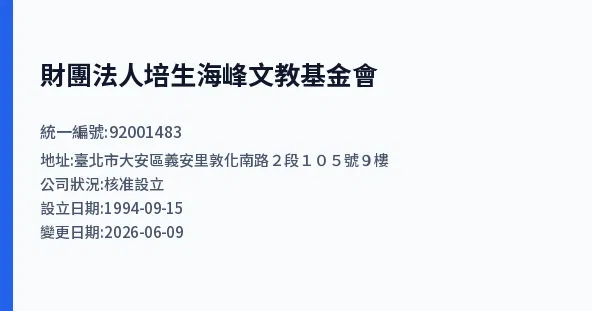財團法人培生海峰文教基金會的照片-統編 92001483(臺北市) 公司登記資料與營業項目詳細圖表