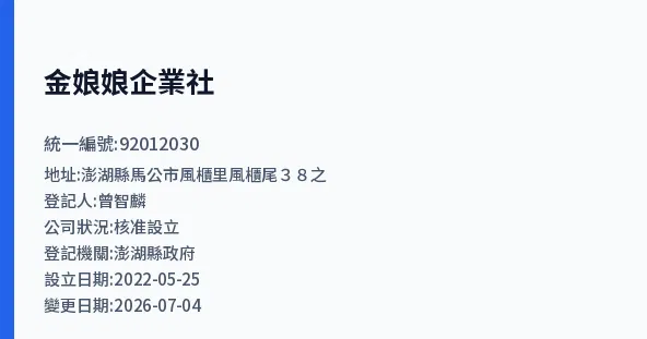 金娘娘企業社的照片-統編 92012030(澎湖縣) 公司登記資料與營業項目詳細圖表