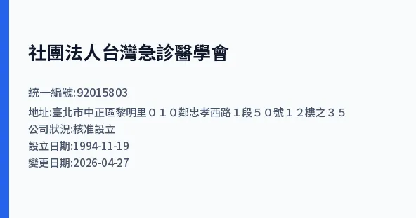 社團法人台灣急診醫學會的照片-統編 92015803(臺北市) 公司登記資料與營業項目詳細圖表