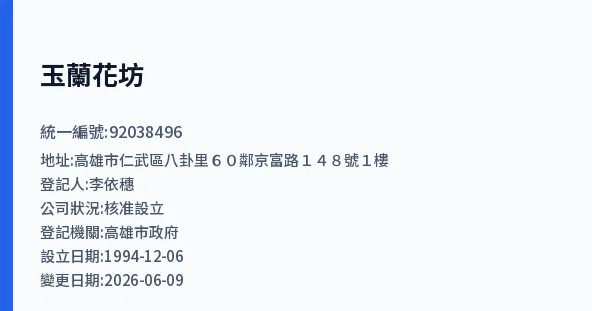 玉蘭花坊的照片-統編 92038496(高雄市) 公司登記資料與營業項目詳細圖表