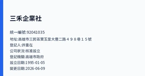 三禾企業社的照片-統編 92041035(高雄市) 公司登記資料與營業項目詳細圖表