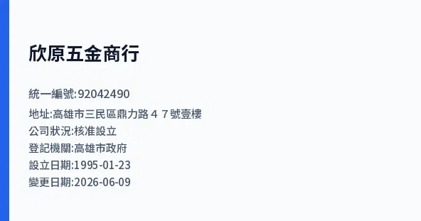 欣原五金商行的照片-統編 92042490(高雄市) 公司登記資料與營業項目詳細圖表