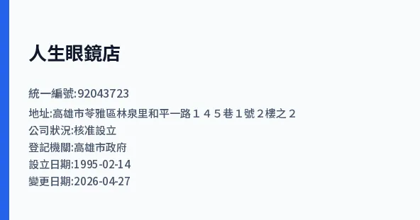 人生眼鏡店的照片-統編 92043723(高雄市) 公司登記資料與營業項目詳細圖表