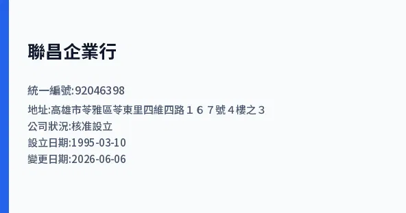 聯昌企業行的照片-統編 92046398(高雄市) 公司登記資料與營業項目詳細圖表