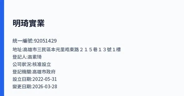明琦實業的照片-統編 92051429(高雄市) 公司登記資料與營業項目詳細圖表
