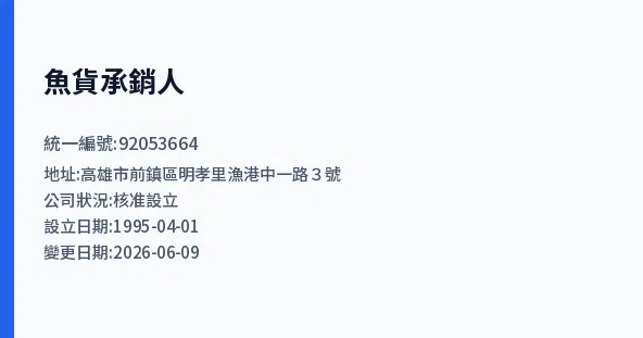 魚貨承銷人的照片-統編 92053664(高雄市) 公司登記資料與營業項目詳細圖表