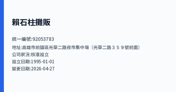 賴石柱攤販的照片-統編 92053783(高雄市) 公司登記資料與營業項目詳細圖表