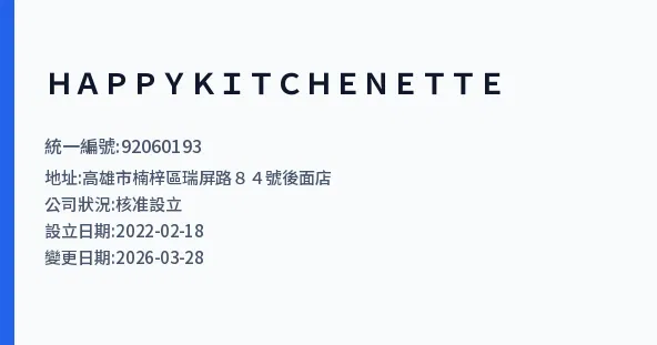 HAPPY KITCHENETTE的照片-統編 92060193(高雄市) 公司登記資料與營業項目詳細圖表