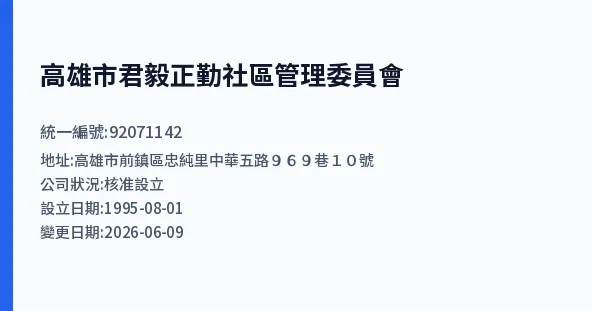 高雄市君毅正勤社區管理委員會的照片-統編 92071142(高雄市) 公司登記資料與營業項目詳細圖表