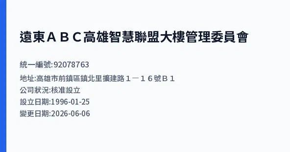 遠東ABC高雄智慧聯盟大樓管理委員會的照片-統編 92078763(高雄市) 公司登記資料與營業項目詳細圖表
