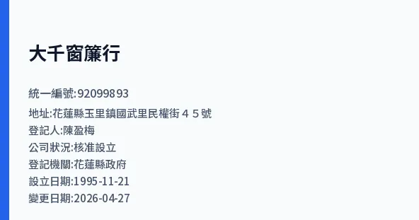 大千窗簾行的照片-統編 92099893(花蓮縣) 公司登記資料與營業項目詳細圖表