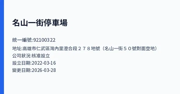 名山一街停車場的照片-統編 92100322(高雄市) 公司登記資料與營業項目詳細圖表