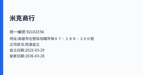 米克商行的照片-統編 92102356(高雄市) 公司登記資料與營業項目詳細圖表