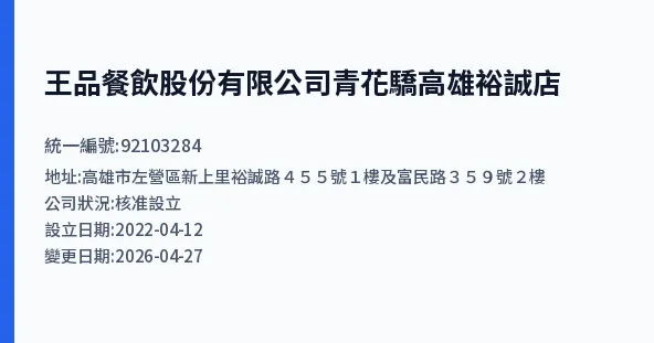 王品餐飲股份有限公司青花驕高雄裕誠店的照片-統編 92103284(高雄市) 公司登記資料與營業項目詳細圖表