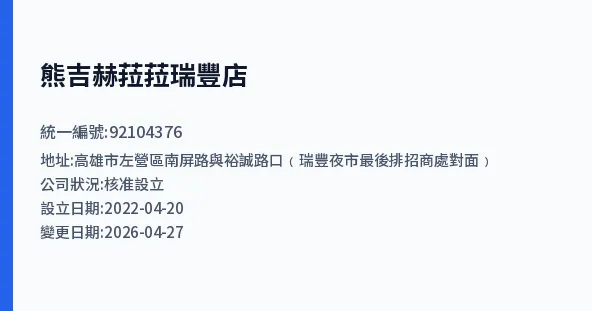 熊吉赫菈菈瑞豐店的照片-統編 92104376(高雄市) 公司登記資料與營業項目詳細圖表