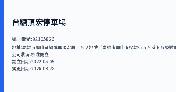 台糖頂宏停車場的照片-統編 92105826(高雄市) 公司登記資料與營業項目詳細圖表