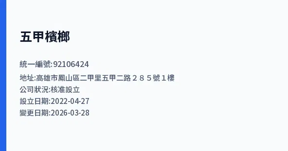 五甲檳榔的照片-統編 92106424(高雄市) 公司登記資料與營業項目詳細圖表