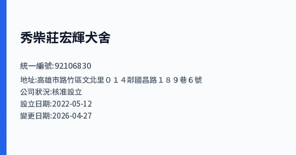 秀柴莊宏輝犬舍的照片-統編 92106830(高雄市) 公司登記資料與營業項目詳細圖表