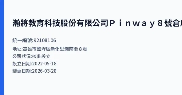 瀚將教育科技股份有限公司Pinway8號倉庫的照片-統編 92108106(高雄市) 公司登記資料與營業項目詳細圖表