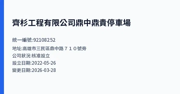 齊杉工程有限公司鼎中鼎貴停車場的照片-統編 92108252(高雄市) 公司登記資料與營業項目詳細圖表