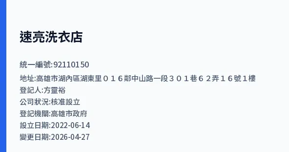 速亮洗衣店的照片-統編 92110150(高雄市) 公司登記資料與營業項目詳細圖表