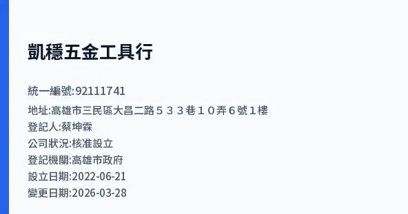 凱穩五金工具行的照片-統編 92111741(高雄市) 公司登記資料與營業項目詳細圖表