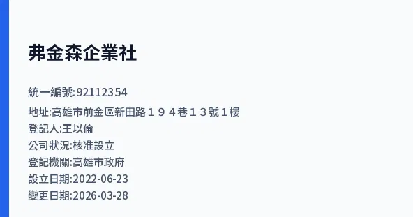 弗金森企業社的照片-統編 92112354(高雄市) 公司登記資料與營業項目詳細圖表