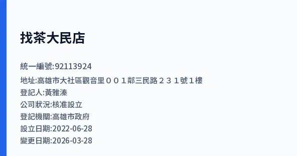 找茶大民店的照片-統編 92113924(高雄市) 公司登記資料與營業項目詳細圖表