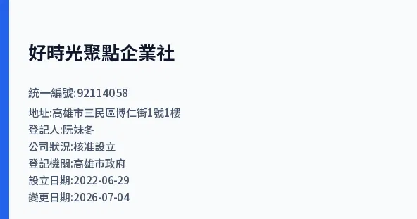 好時光聚點企業社的照片-統編 92114058(高雄市) 公司登記資料與營業項目詳細圖表