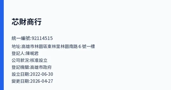 芯財商行的照片-統編 92114515(高雄市) 公司登記資料與營業項目詳細圖表
