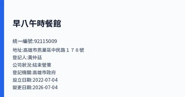 早八午時餐館的照片-統編 92115009(高雄市) 公司登記資料與營業項目詳細圖表