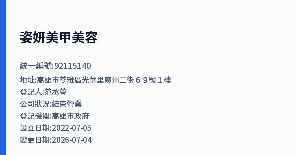 姿妍美甲美容的照片-統編 92115140(高雄市) 公司登記資料與營業項目詳細圖表