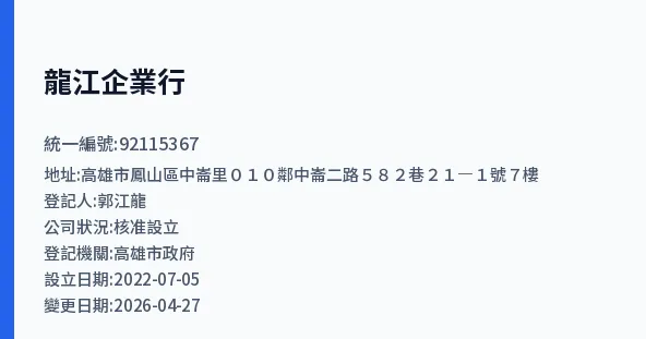 龍江企業行的照片-統編 92115367(高雄市) 公司登記資料與營業項目詳細圖表