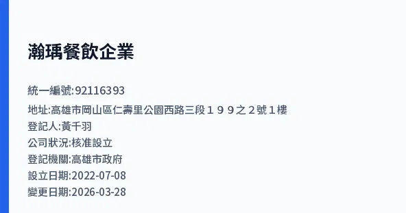 瀚瑀餐飲企業的照片-統編 92116393(高雄市) 公司登記資料與營業項目詳細圖表