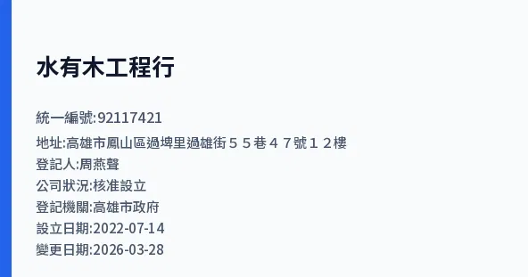 水有木工程行的照片-統編 92117421(高雄市) 公司登記資料與營業項目詳細圖表