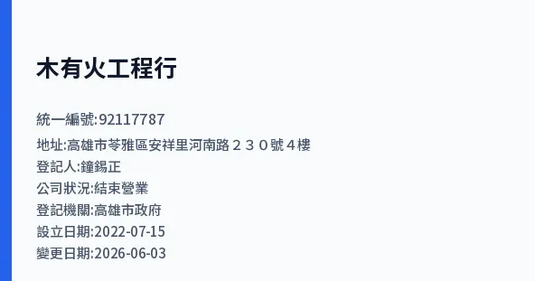 木有火工程行的照片-統編 92117787(高雄市) 公司登記資料與營業項目詳細圖表