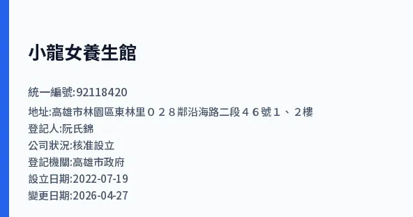 小龍女養生館的照片-統編 92118420(高雄市) 公司登記資料與營業項目詳細圖表