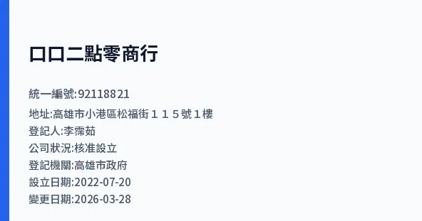口口二點零商行的照片-統編 92118821(高雄市) 公司登記資料與營業項目詳細圖表