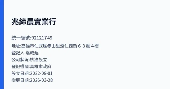兆締晨實業行的照片-統編 92121749(高雄市) 公司登記資料與營業項目詳細圖表