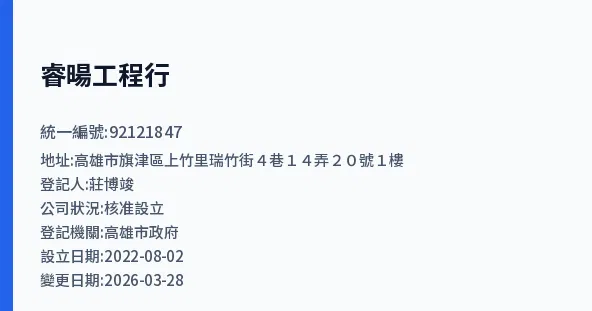 睿暘工程行的照片-統編 92121847(高雄市) 公司登記資料與營業項目詳細圖表