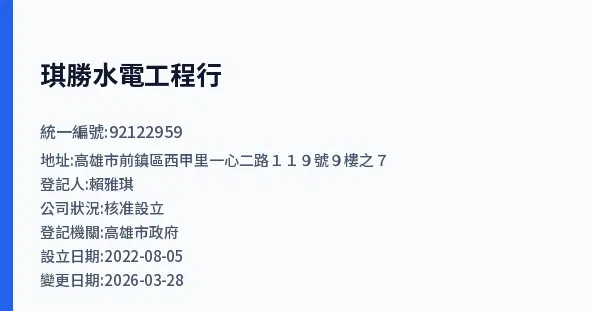 琪勝水電工程行的照片-統編 92122959(高雄市) 公司登記資料與營業項目詳細圖表