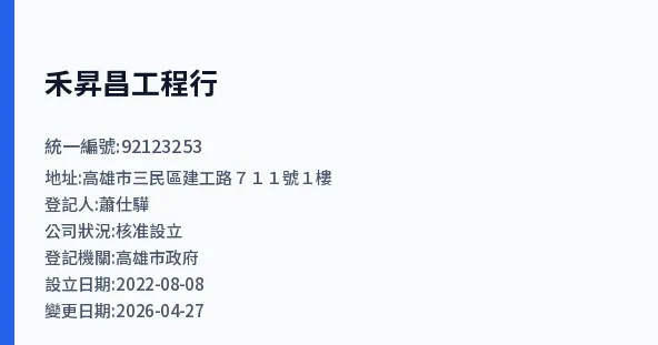 禾昇昌工程行的照片-統編 92123253(高雄市) 公司登記資料與營業項目詳細圖表
